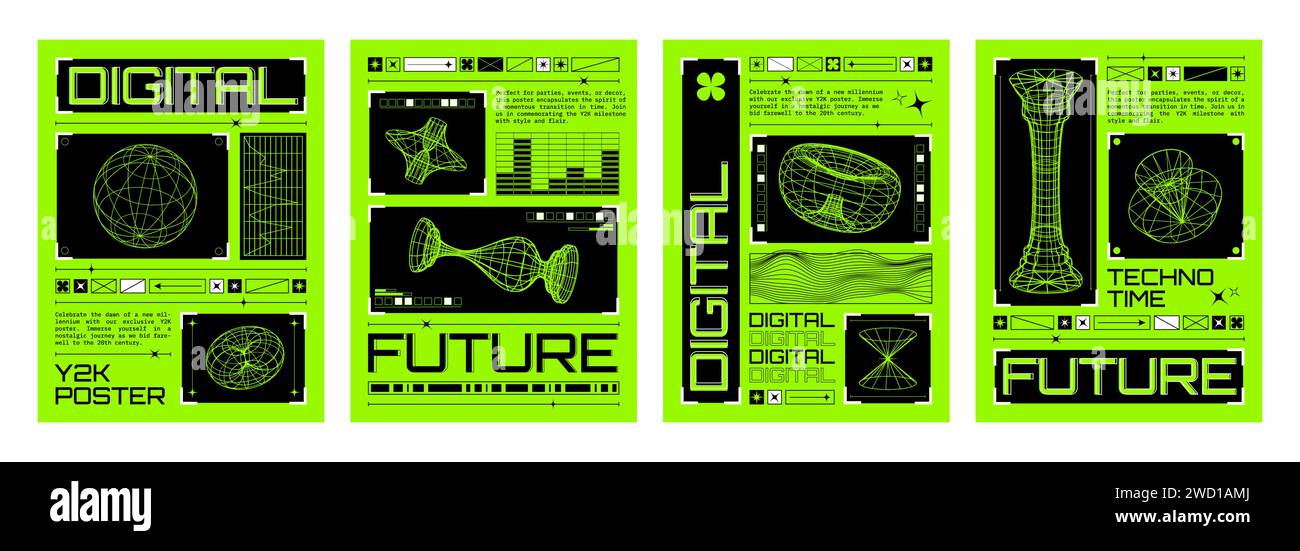 Poster design template in retro y2k style with grid abstract shapes on ...
