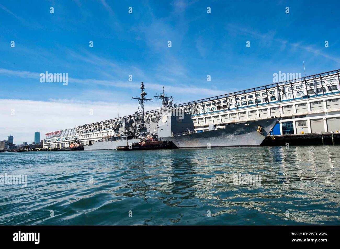 Guided-missile cruiser USS San Jacinto during a port visit in Boston ...
