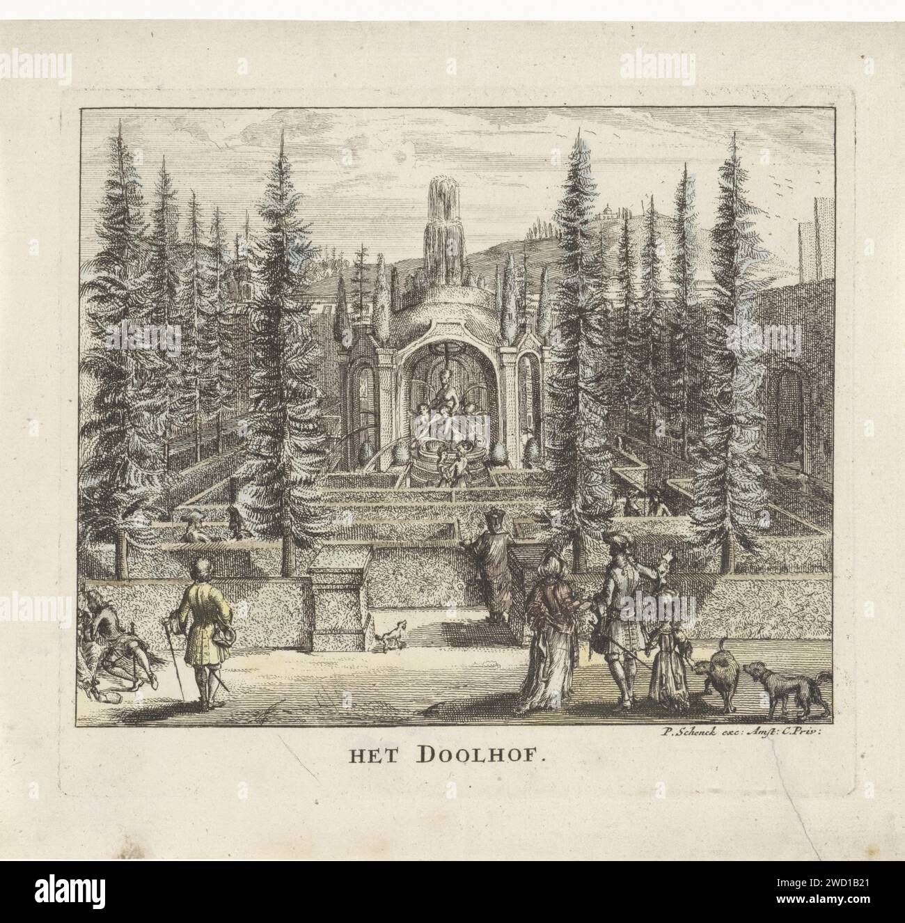 Some figures at a maze with a fountain, Anonymous, 1675 - 1711 print ...