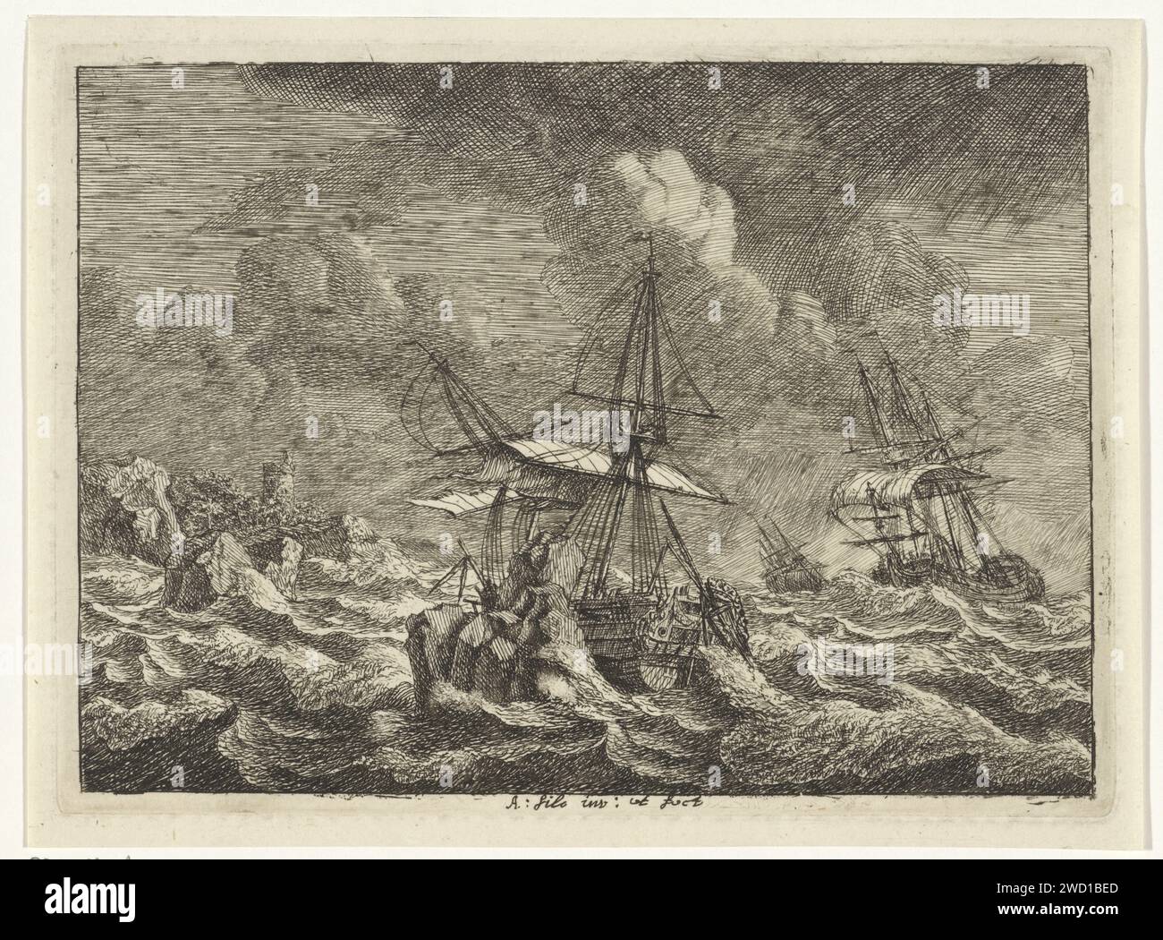 Three sailing ships in a storm for a rocky coast, Adam Silo, 1689 ...