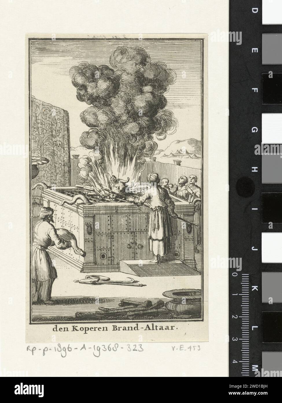 Priest sacrifices bull on the burnt offering altar, Jan Luyken, 1683 print Amsterdam paper ...