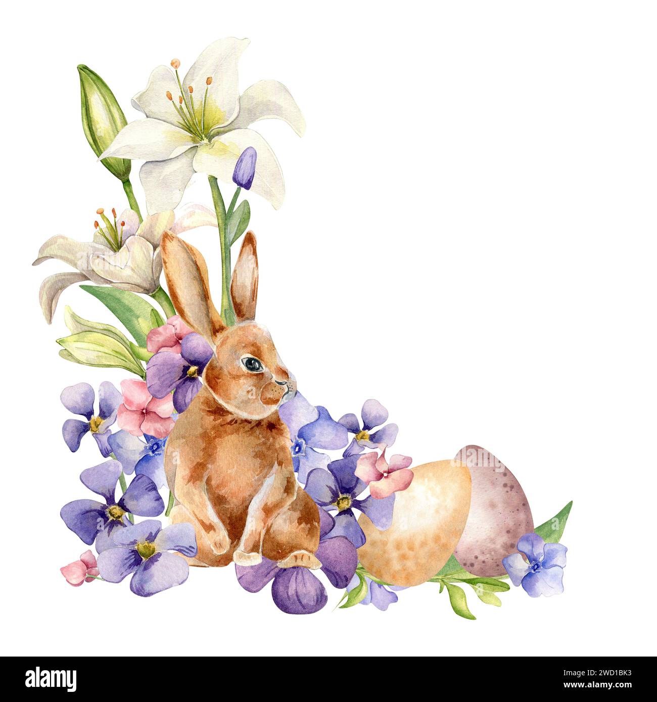 Easter rabbit, eggs and blue flowers periwinkle. Easter illustration ...
