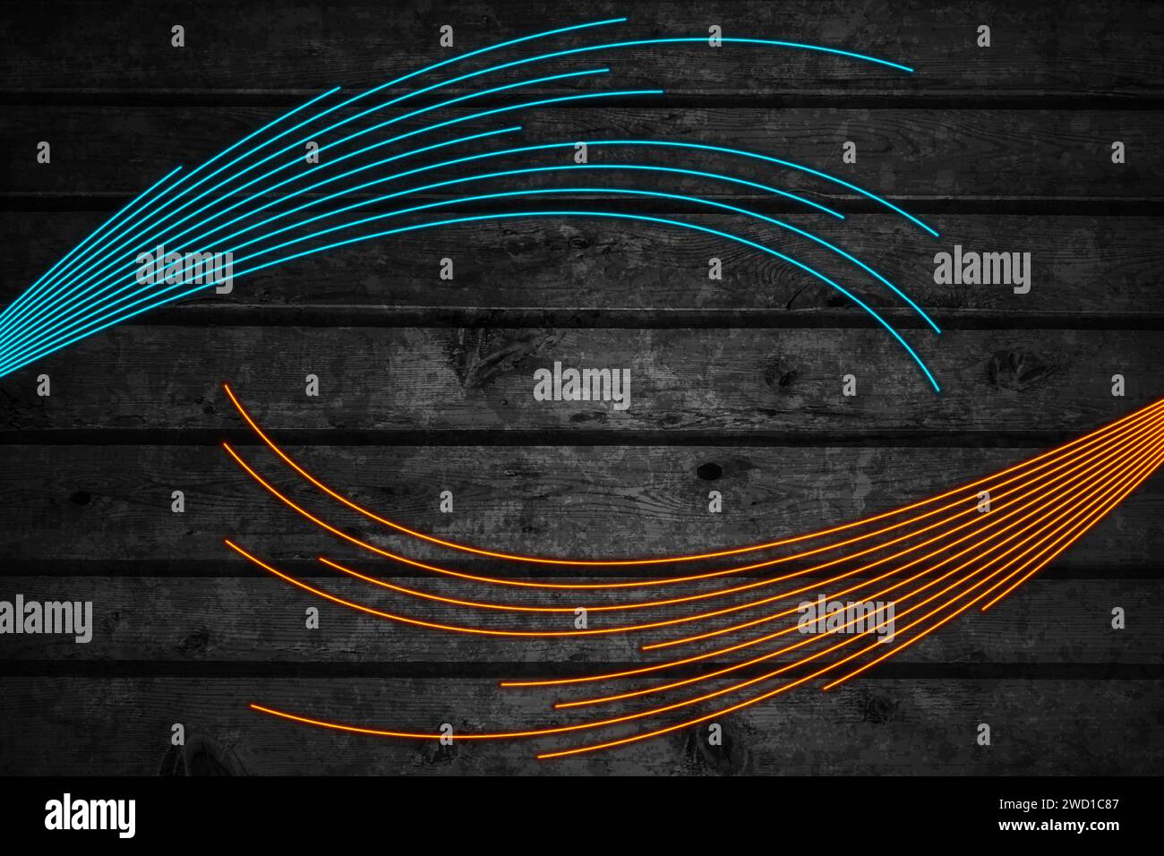 Grunge wooden background with blue orange neon wavy lines. Vector retro ...