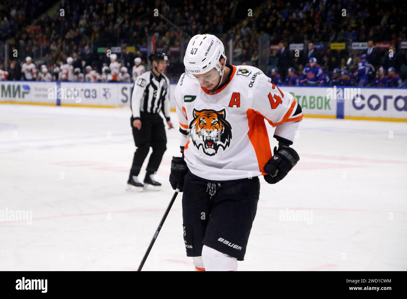 Saint Petersburg, Russia. 17th Jan, 2024. Amur Hockey Club player, Ivan Mishchenko (47) seen ...