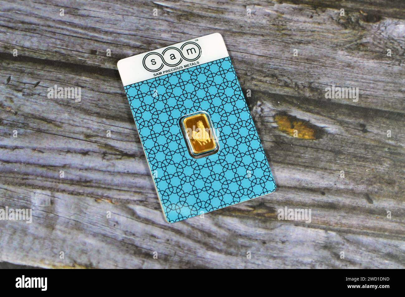 Cairo, Egypt, January 16 2024: SAM precious metal 24K karat pure yellow ...