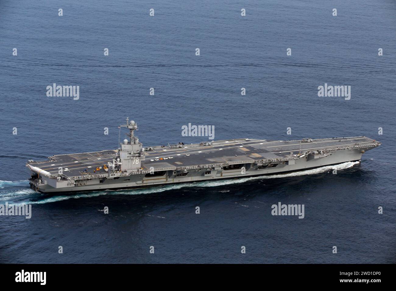 The aircraft carrier USS Gerald R. Ford transits the Atlantic Ocean ...