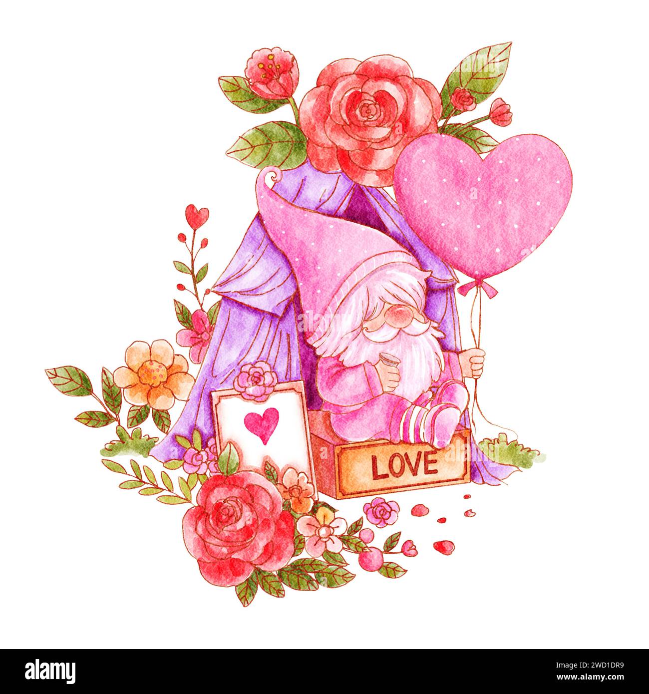Gnome is holding heart shaped balloon in front of tent . Watercolor ...