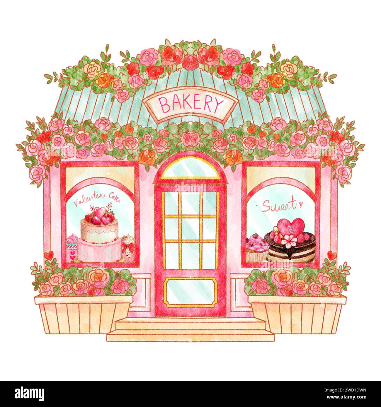 Bakery house . Watercolor painting design . Valentine day concept ...