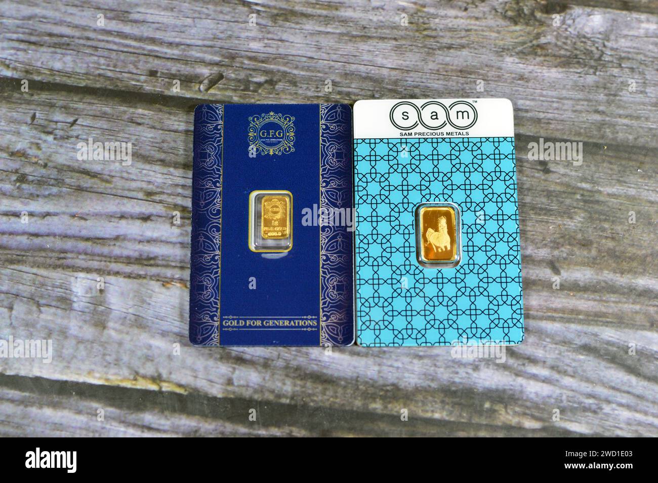 Cairo, Egypt, January 16 2024: GFG and SAM precious metal 24K karat ...