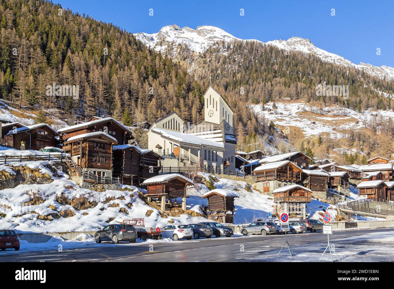 Blatten, Switzerland - January 19. 2022: Chalet village in the ...