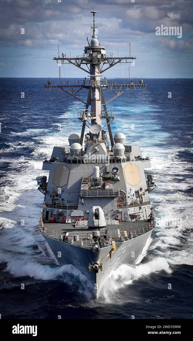 Guided-missile destroyer USS Oscar Austin transits the Atlantic Ocean ...