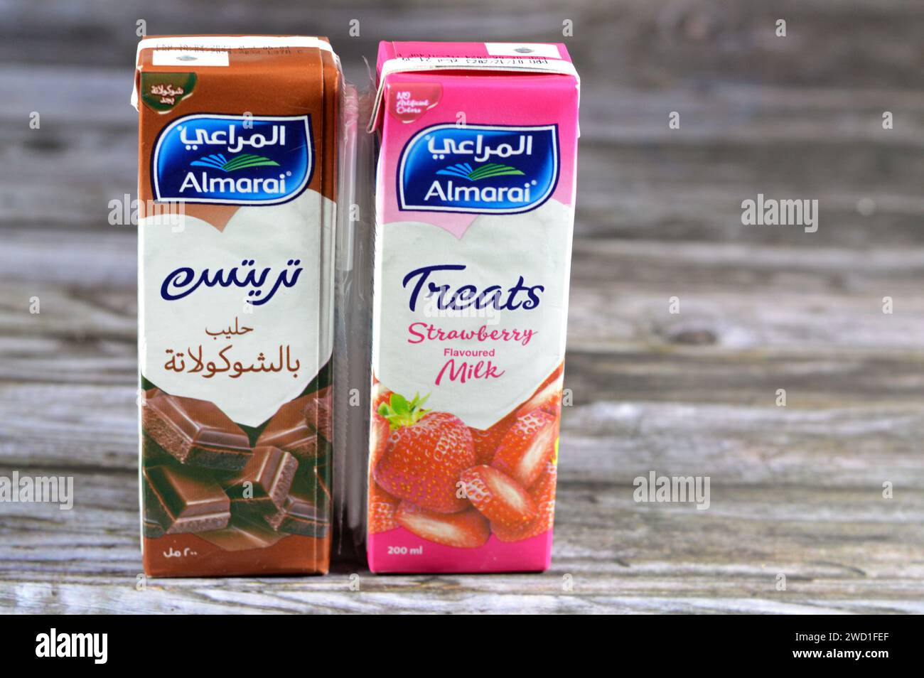 Cairo, Egypt, January 15 2024: Almarai Treats strawberry Flavor Milk and Chocolate Flavor Milk ...