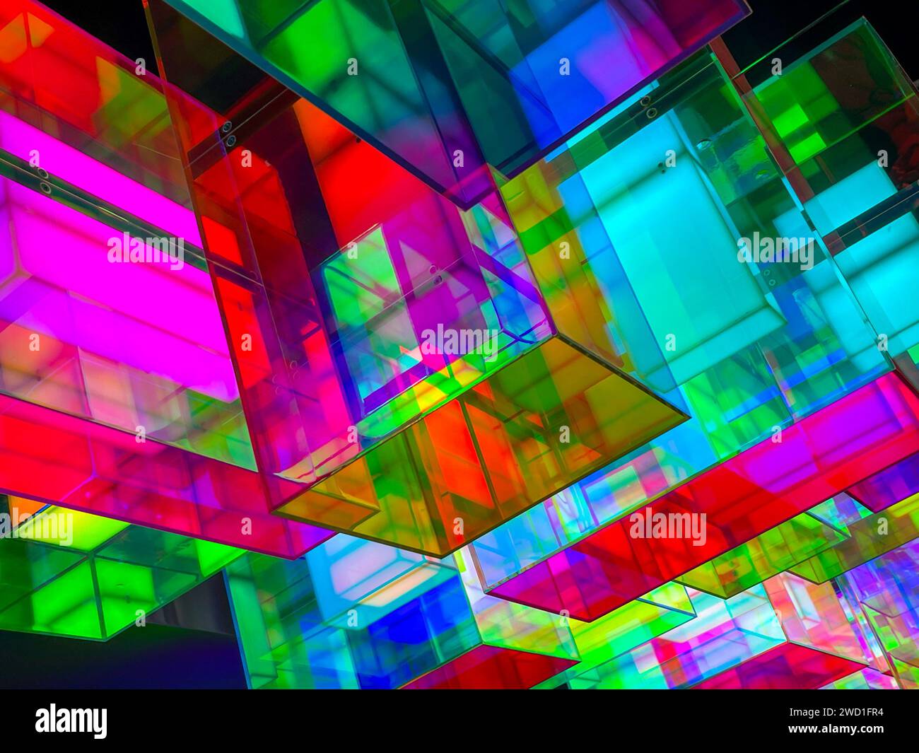 Close-up of a colorful glass art installation, with a focus on abstract ...