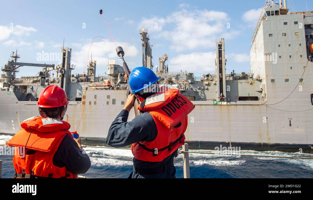 A shot line is fired to the dry cargo and ammunition ship USNS Amelia ...