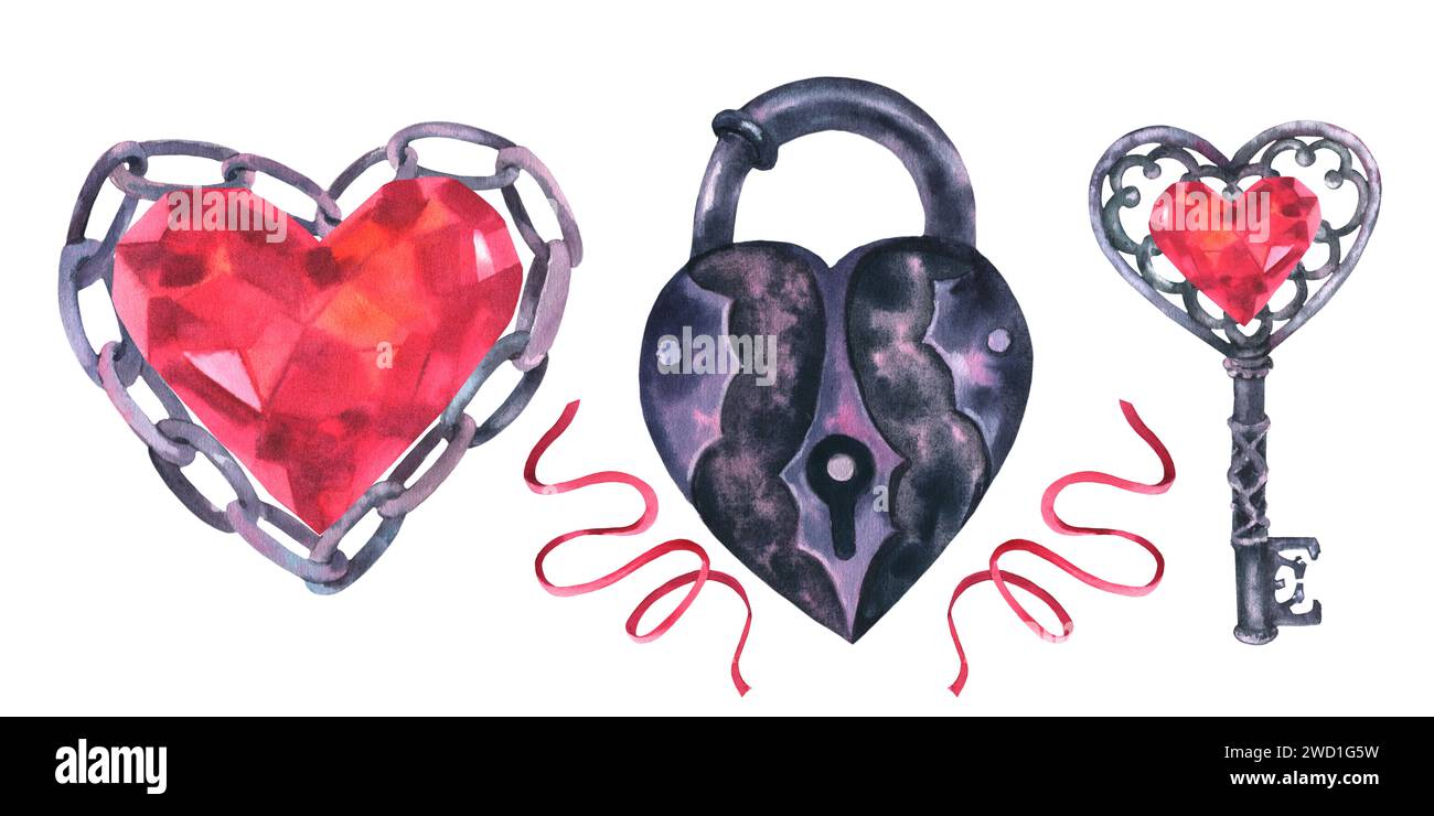 Watercolor Heart shape Lock, chain and Key for valentine's day design ...