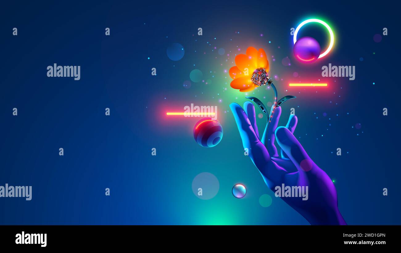 Robot flower in hand. Card for February 14 or March 8 in computer ...