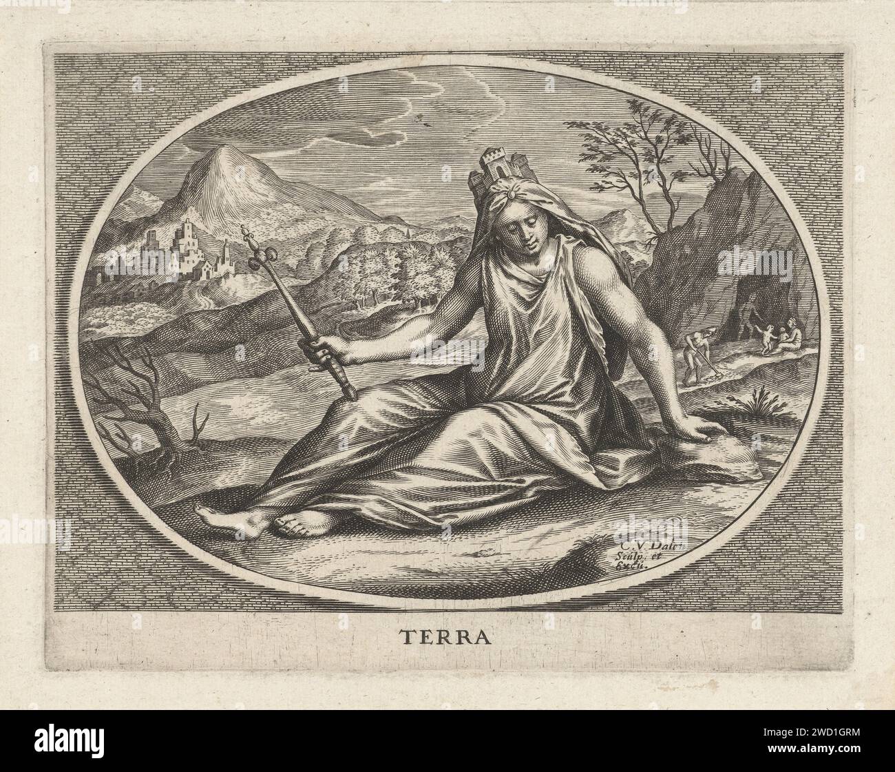 Female personification of element earth with wall crown and scepter ...