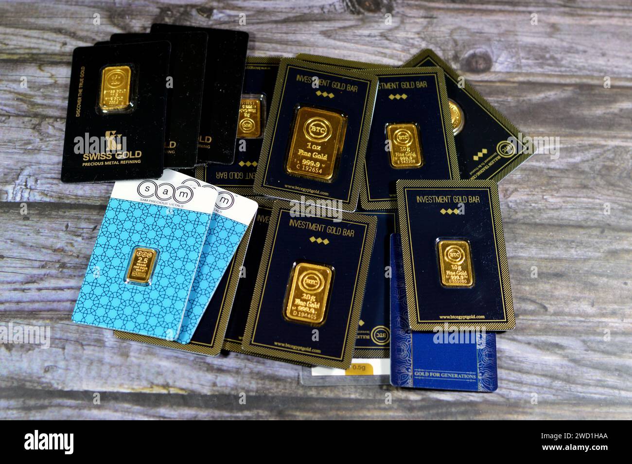 Cairo, Egypt, January 15 2024: Pile of 24K karat pure yellow gold of ...