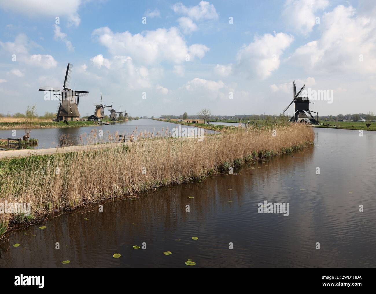 Kinderdijk, the Netherlands - April 17, 2023: 19 windmills at Kinderdijk built about 1740 is ...