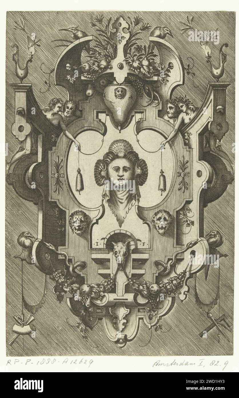 Cartouche with the head of a woman wearing three shells in her hair ...