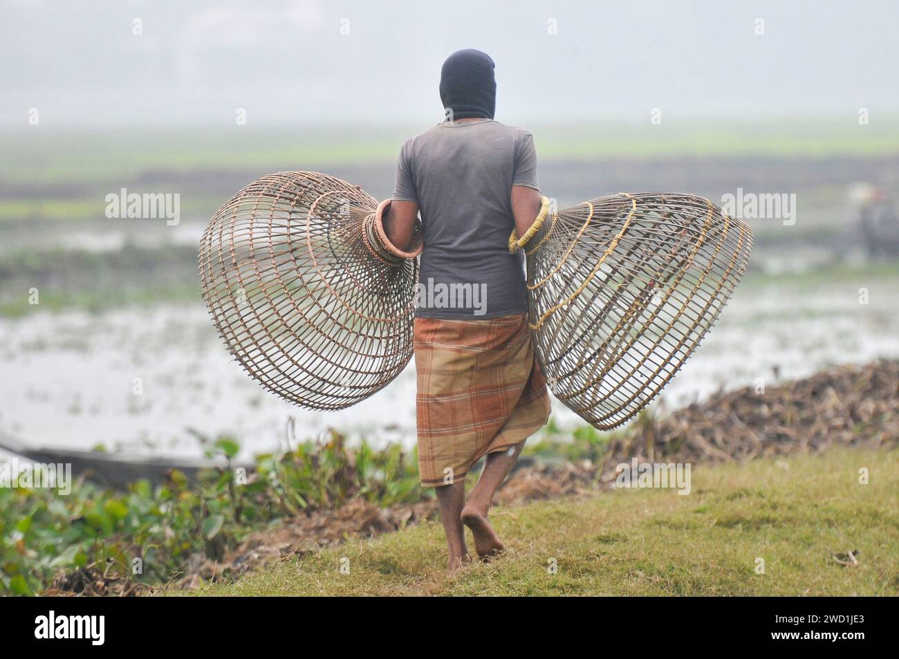 Rural people armed with Bamboo fish traps and handmade fishing nets ...