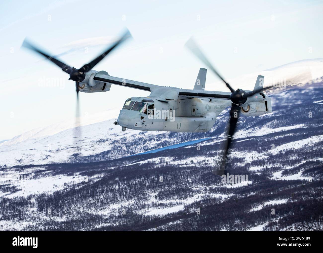 A U.S. Marine Corps MV-22B Osprey conducts flight operations in Norway ...