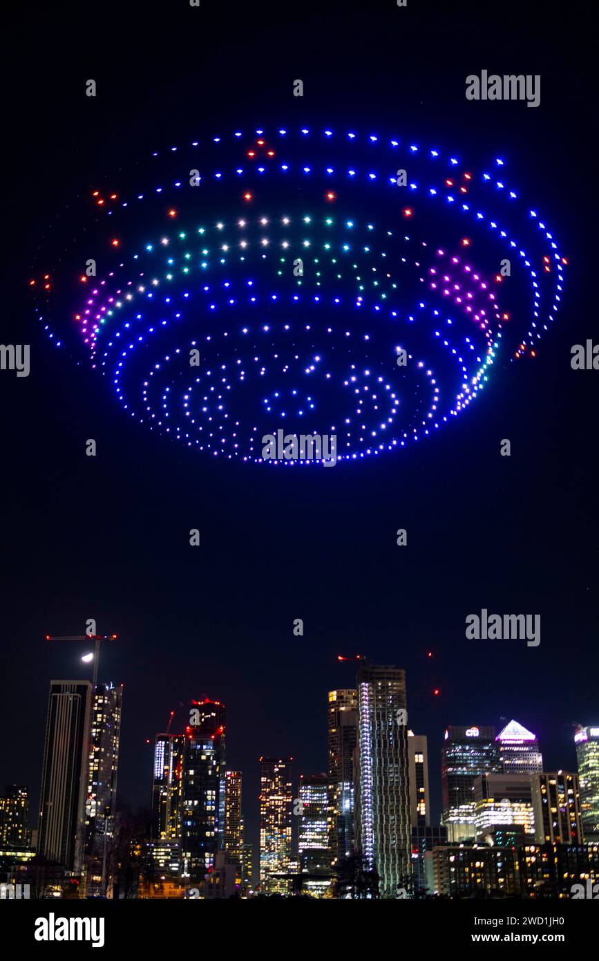 EDITORIAL USE ONLY 550 drones create shapes including a spaceship, the ...