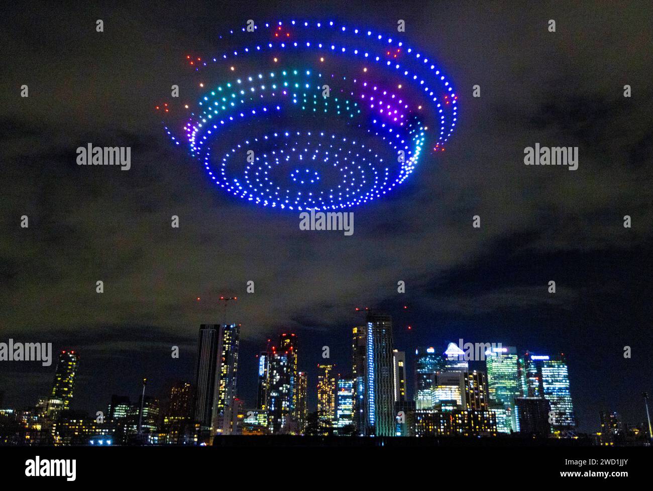 EDITORIAL USE ONLY 550 drones create shapes including a spaceship, the ...