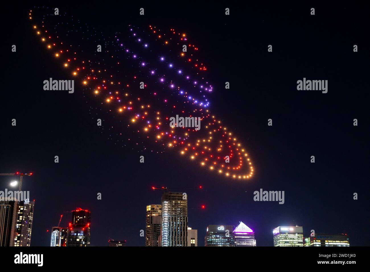 EDITORIAL USE ONLY 550 drones create shapes including a spaceship, the ...