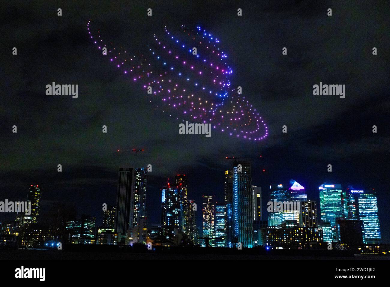 EDITORIAL USE ONLY 550 drones create shapes including a spaceship, the ...