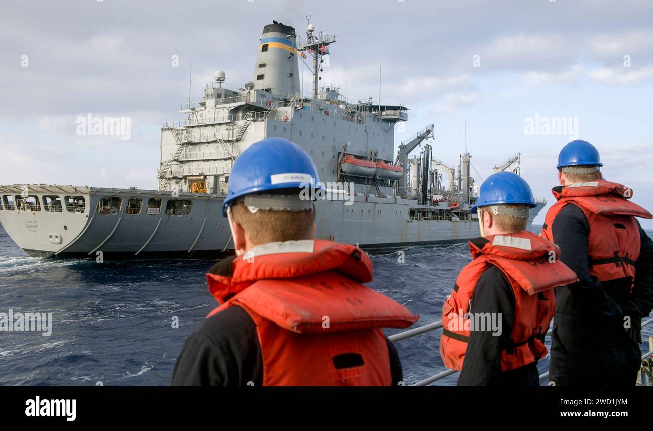 Sailors observe the fleet replenishment oiler USNS Guadalupe pull ...