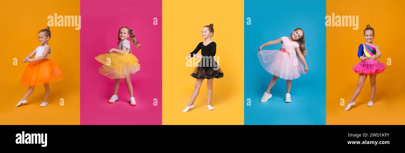 Cute little girls dancing on different colors backgrounds, collection ...