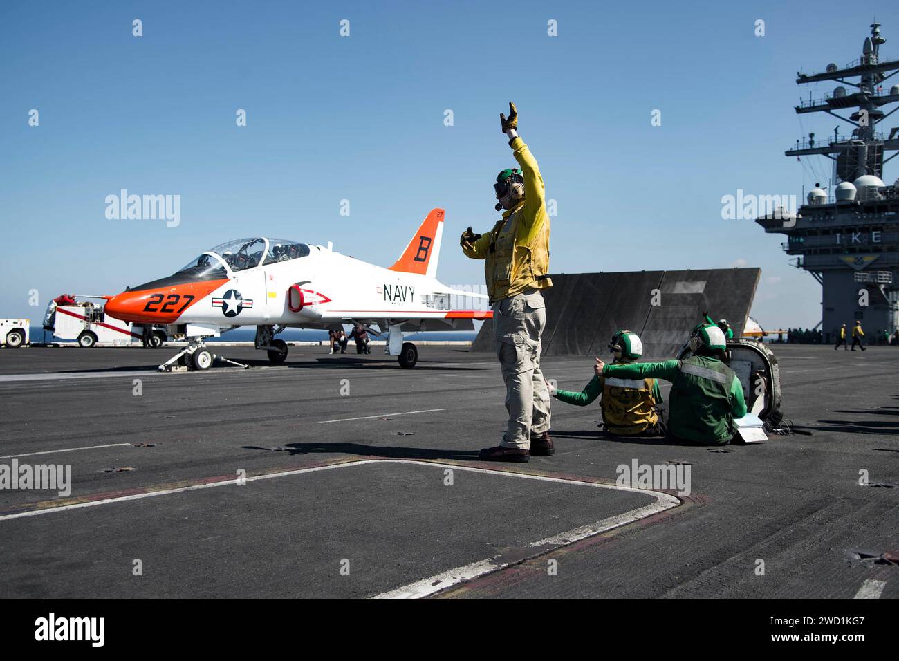 A T-45C Goshawk training aircraft prepares to launch from the flight ...