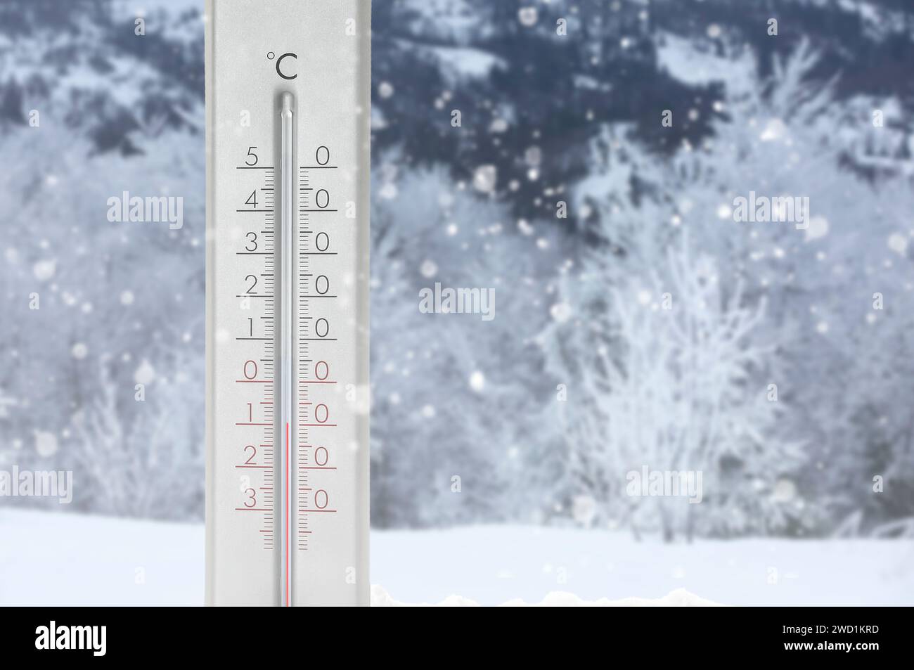 Thermometer showing temperature below zero outdoors on winter day Stock ...