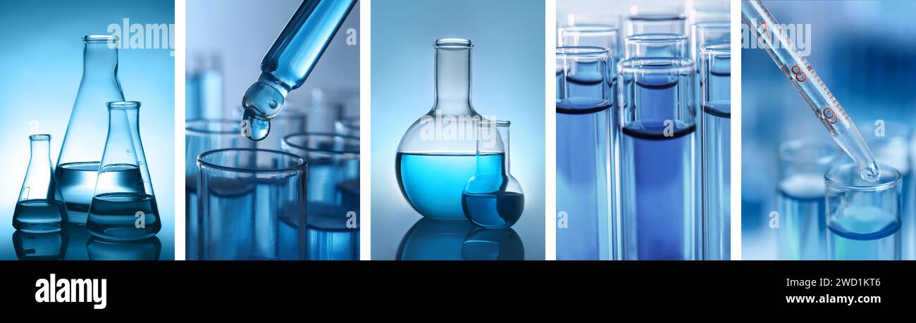 Laboratory glassware. Different flasks and test tubes with samples ...