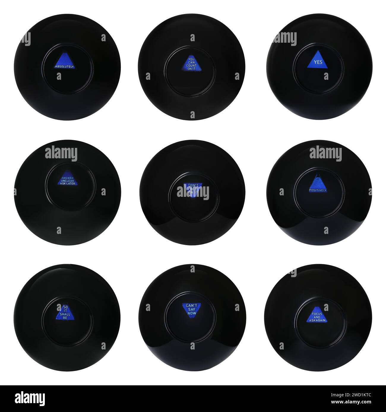 Magic eight ball with different predictions isolated on white ...