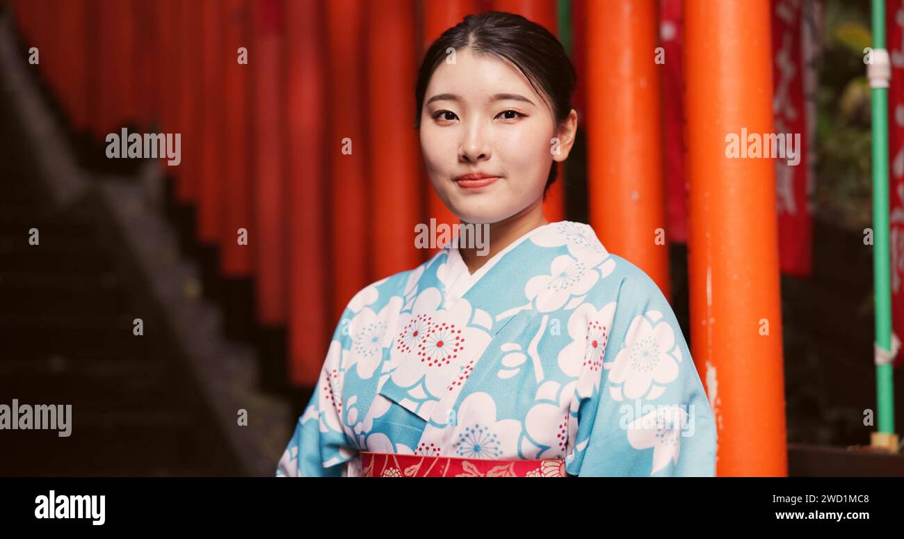 Woman, Japanese and portrait in traditional kimono at culture temple for Tokyo, worship or ...