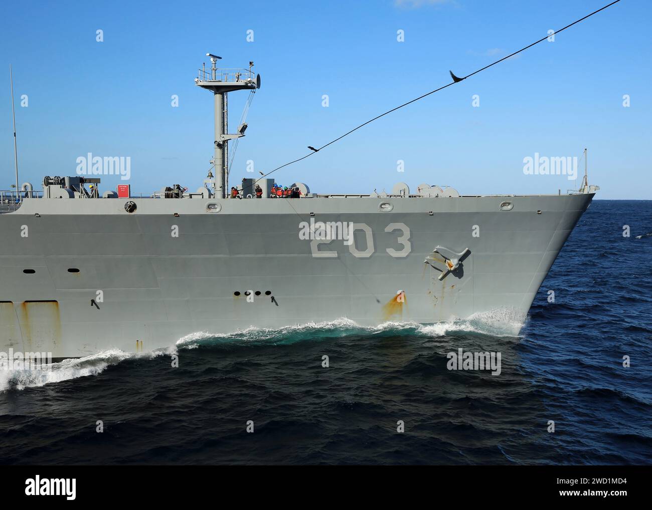 Mariners aboard the fleet replenishment oiler USNS Laramie during a ...