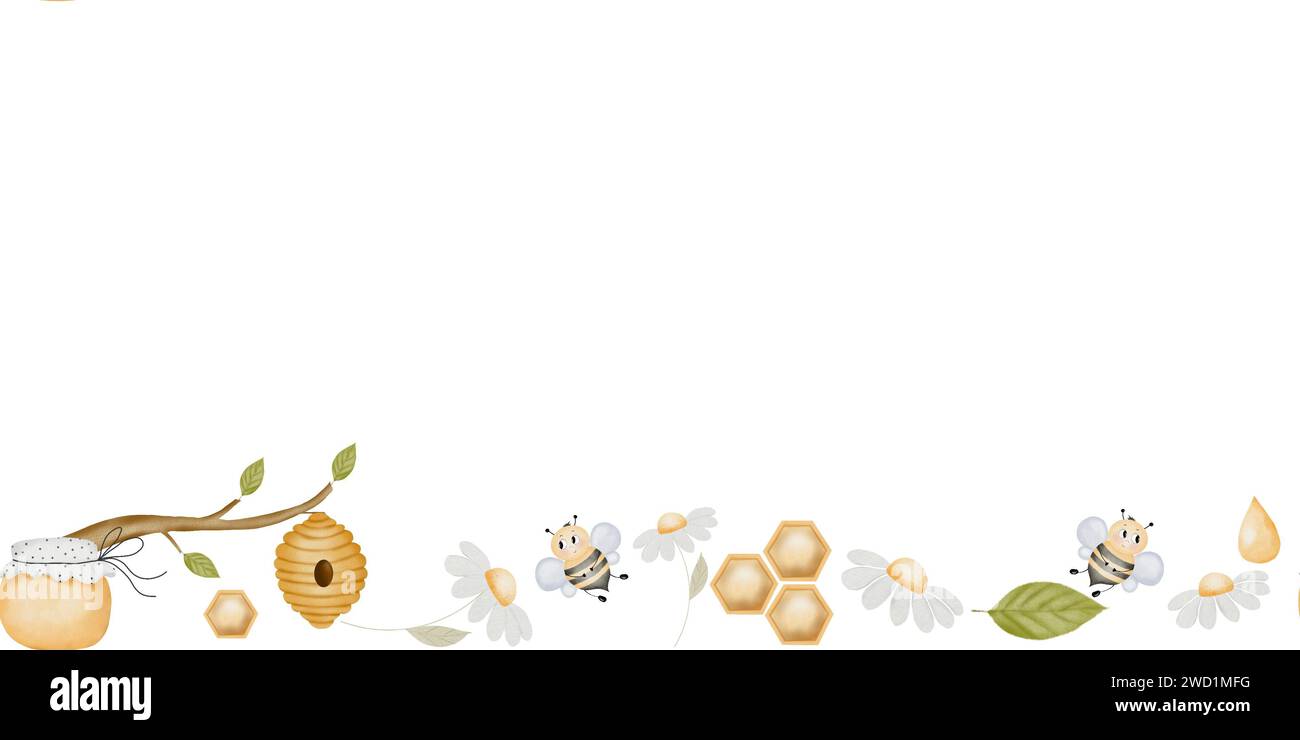 Watercolor frame border seamless with cute bees, beehive and jar of ...
