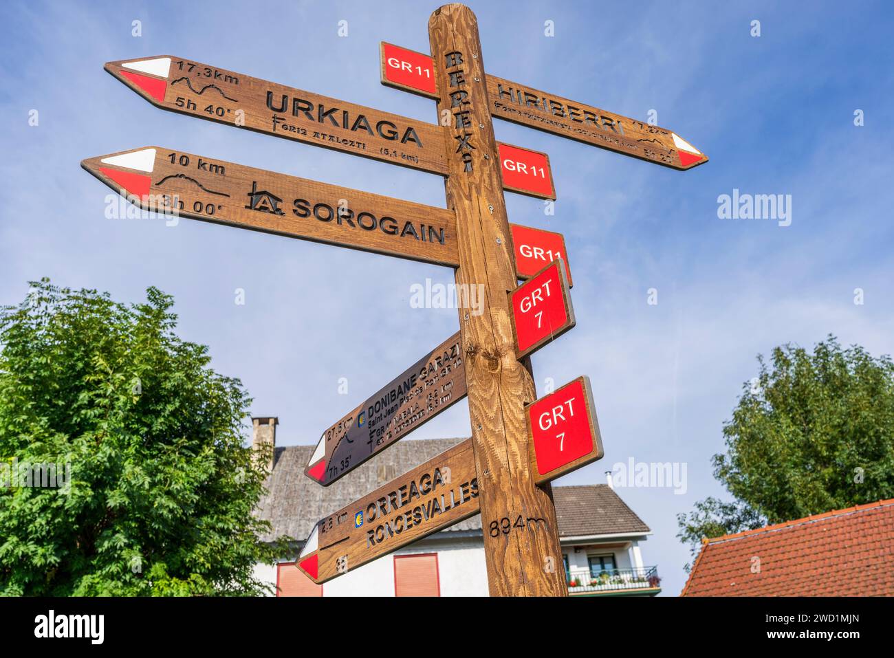 Camino de Santiago indicator sign, Santiago's road, Burguete, Navarra ...