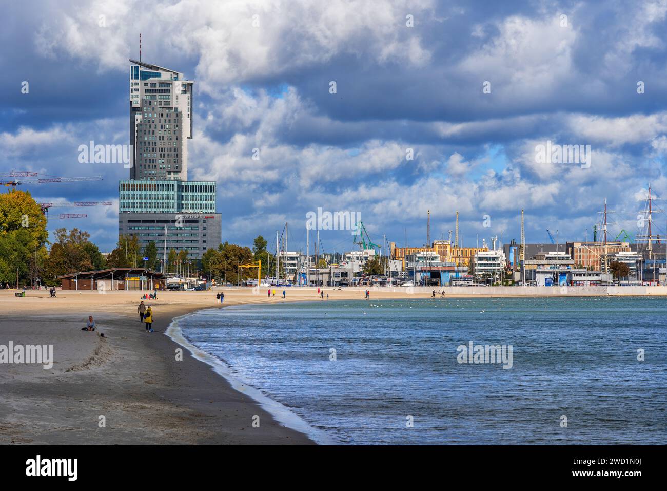 Gdynia city and port skyline from a beach at the Baltic Sea in Poland ...