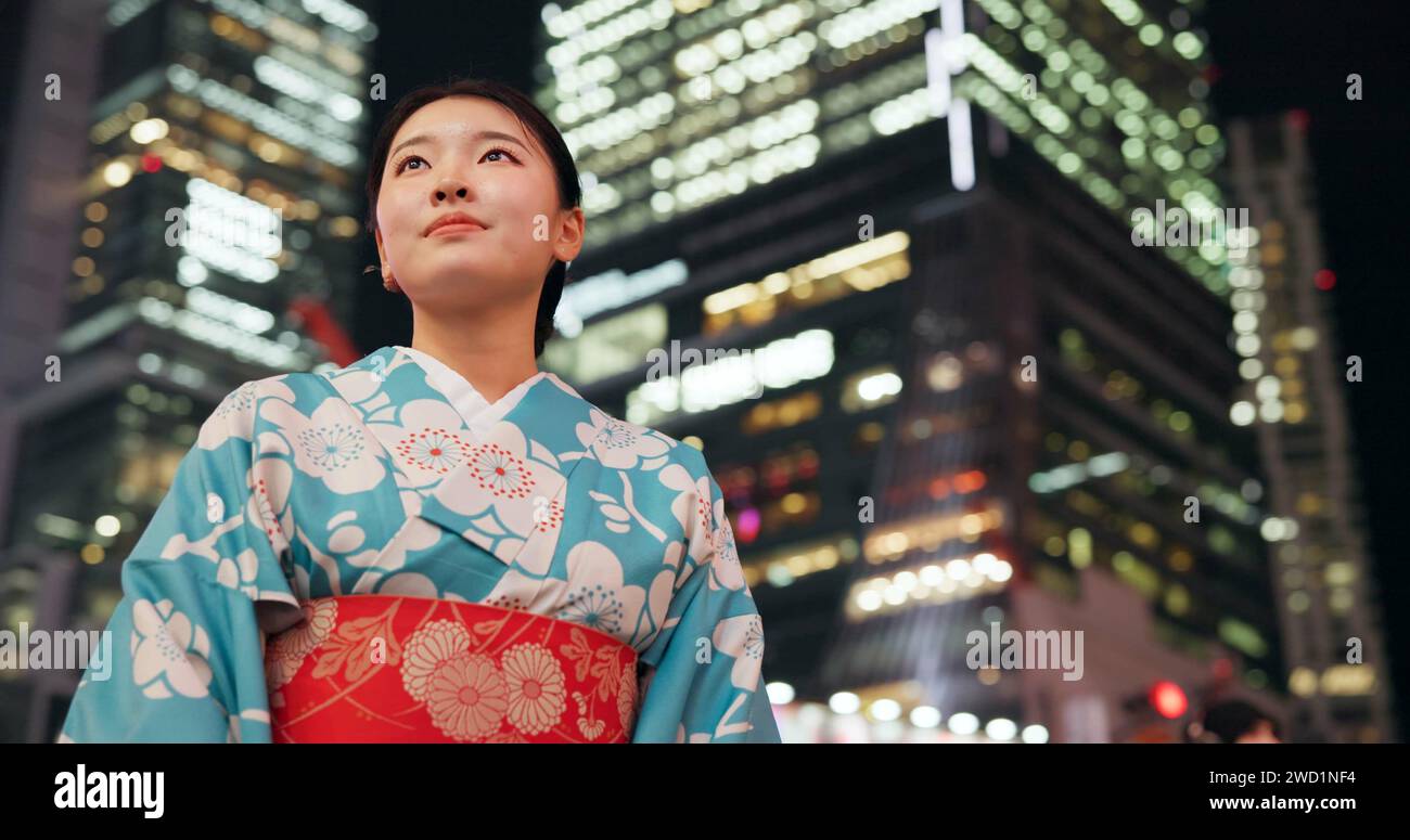 Thinking, night and Japanese woman with ideas, decision, choice and ...