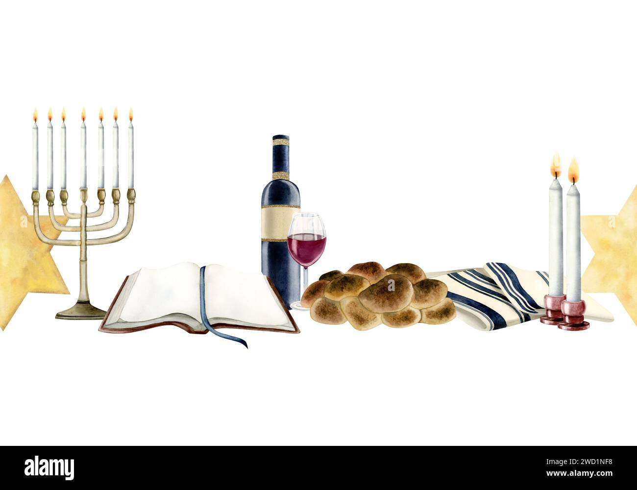 Shabbat eve ceremony horizontal seamless border for greetings with ...