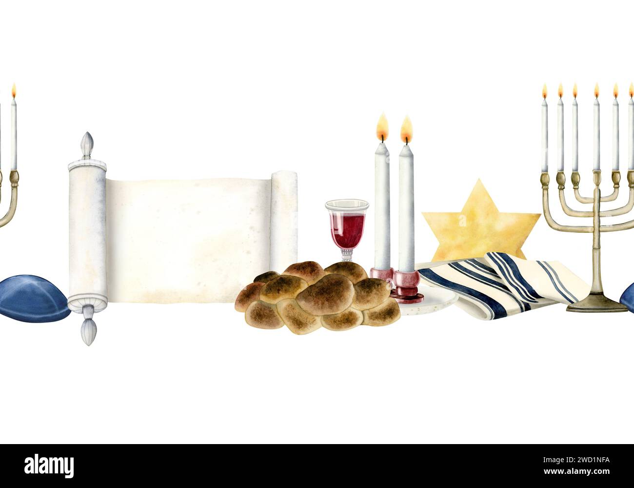 Meeting Shabbat ceremony horizontal seamless border with Jewish challah ...