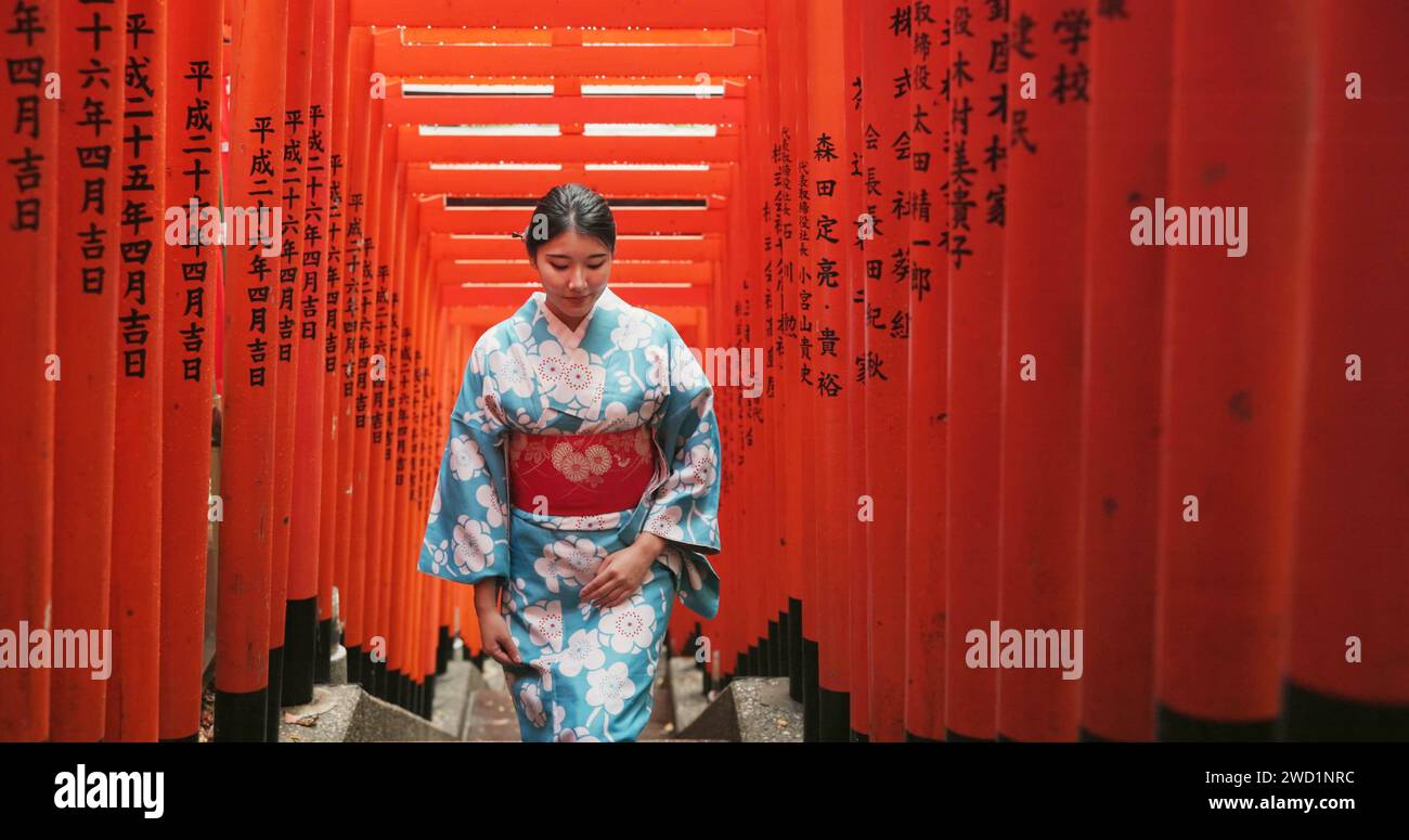 Woman, Japanese and walking at temple in traditional kimono or Tokyo ...