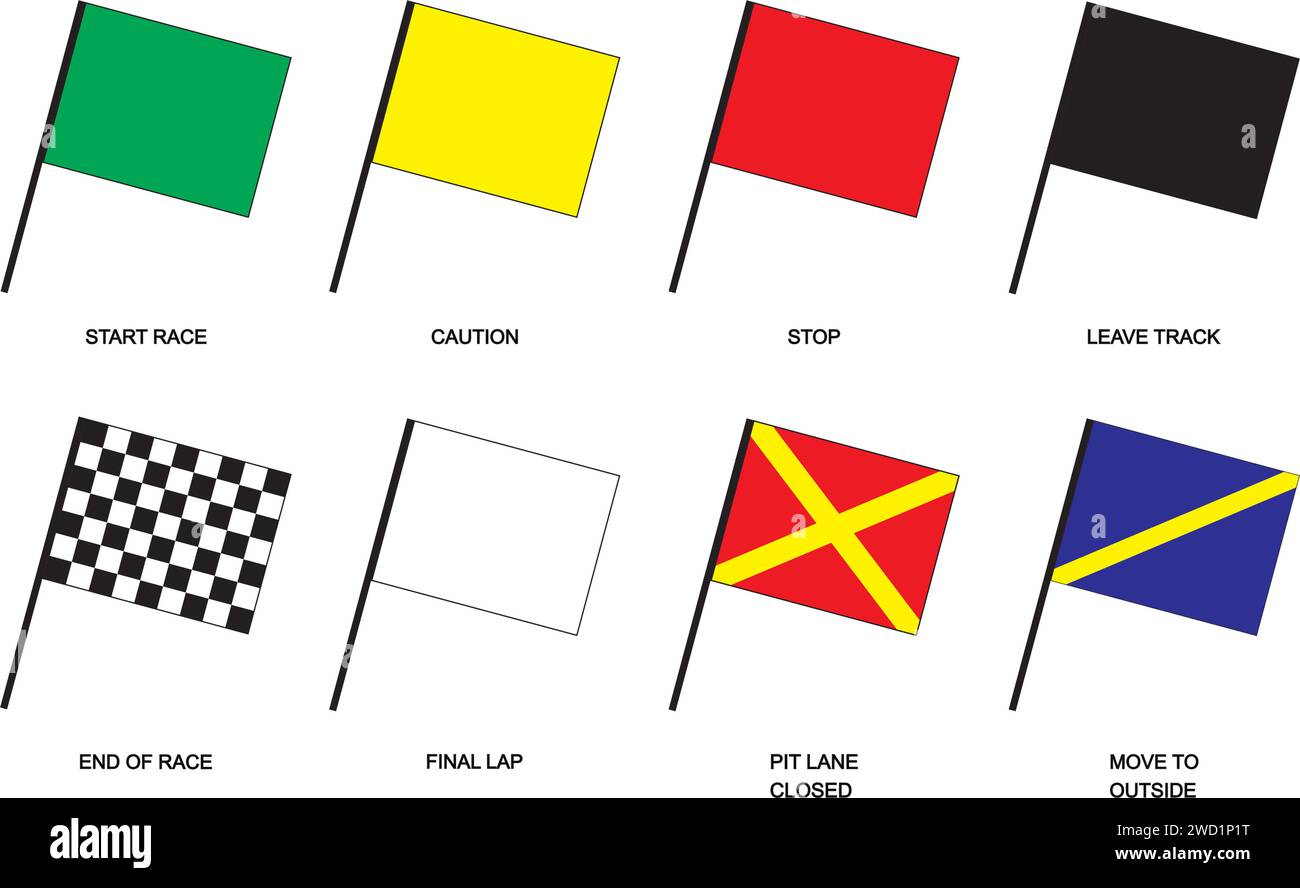 Set of different race flags signs. Start, finish, caution, stop, leave track, pit lane, move to ...