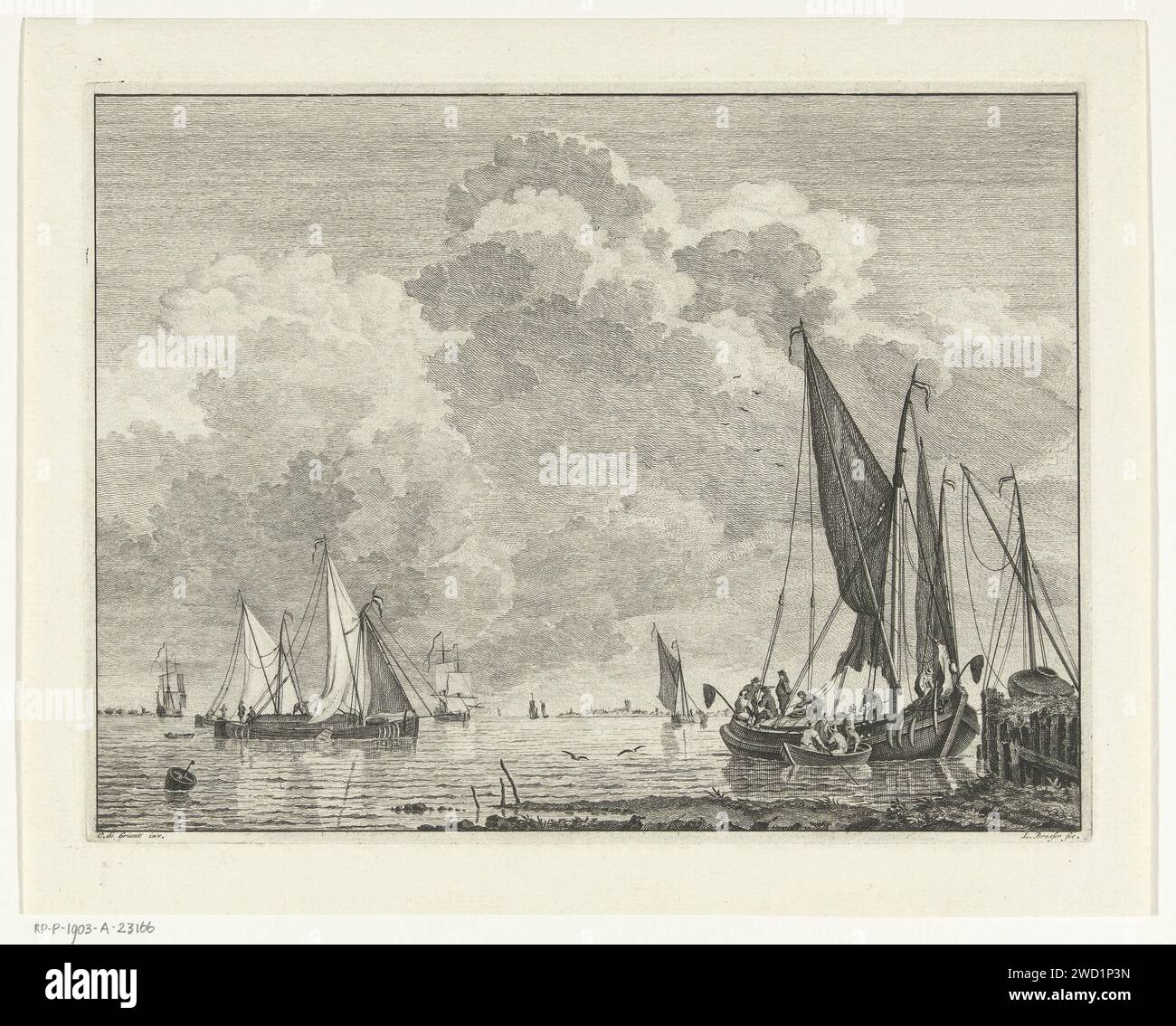 River face with ships, Leendert Brasser, After Cornelis de Griendt ...