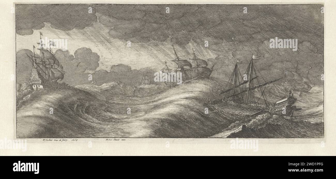 Galei and other ships in a sea storm, Wenceslaus Hollar, 1665 print ...