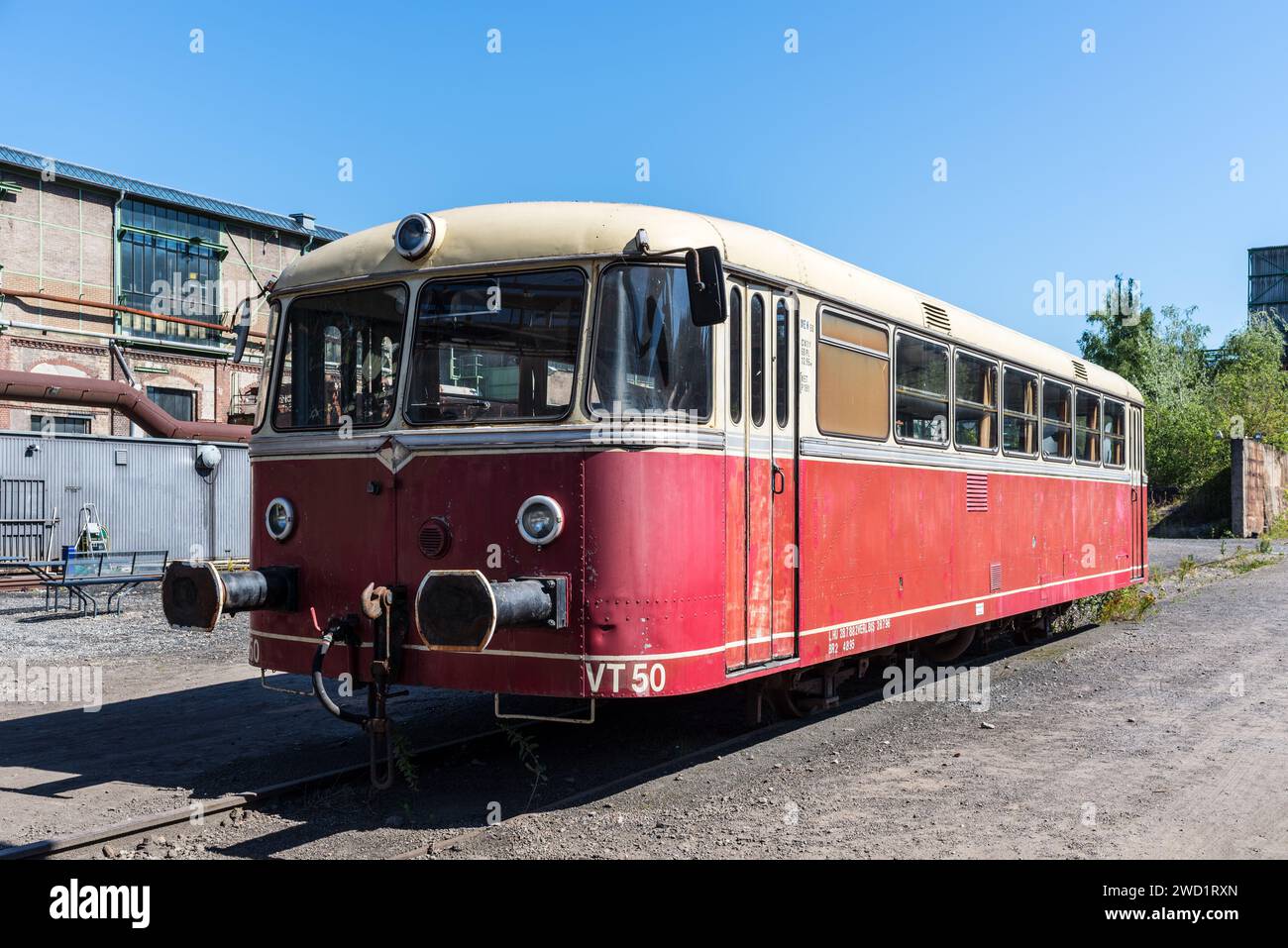Red rail bus for transporting workers in the disused ironworks ...