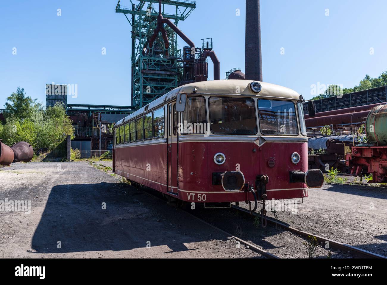 Red rail bus for transporting workers in the disused ironworks ...